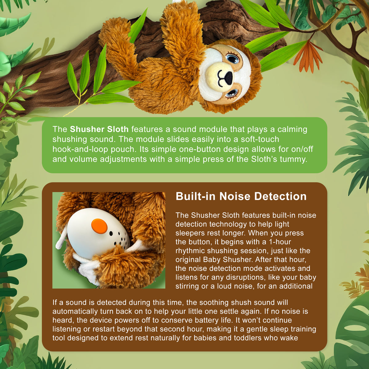 Shusher Sloth by Baby Shusher: Plush Soothing Sloth Companion with 1 h